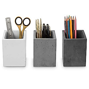 MyGift Modern Gray-Tone Concrete Desktop Pencil Holder Cup and Pen Holder, Office Stationery Organizer, Set of 3
