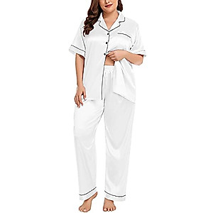 SWOMOG Plus Size Silk Pjs for Women Satin Pajamas Bridal Pajama Set V-Neck Classic Pj Set for Pajama Party 2 Piece Loungewear 24W White