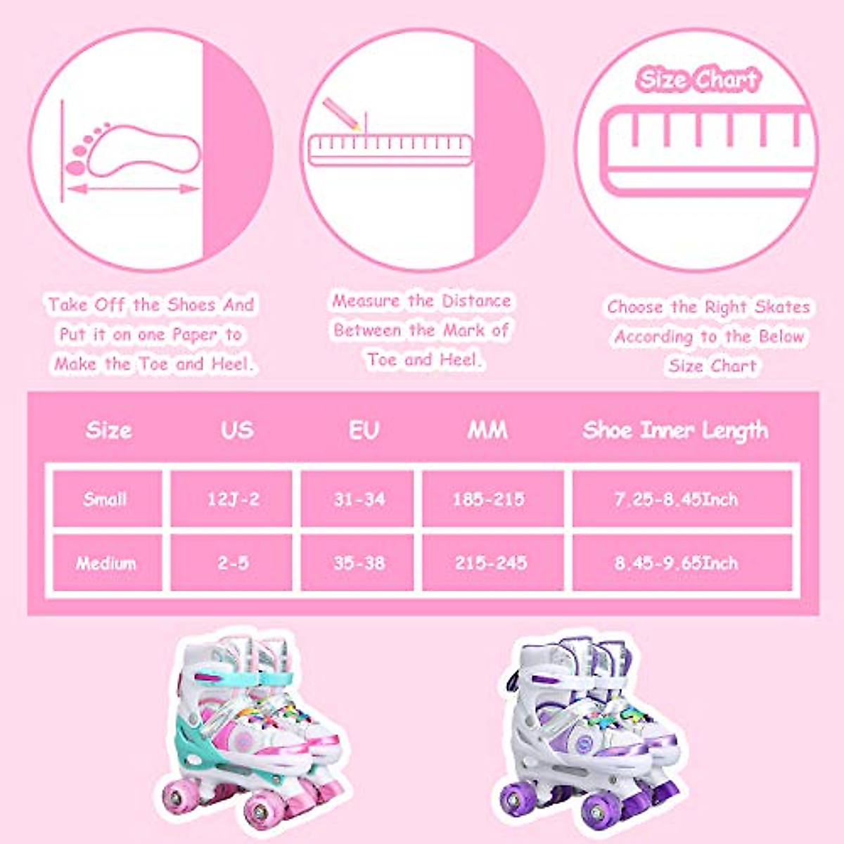 Kids Adjustable Roller Skates for Girls Boys Beginner, 4 Size Adjustable Roller Skates with Light Up Wheels and Colorful Shoelaces (Colorful Pink, Medium(2-5))
