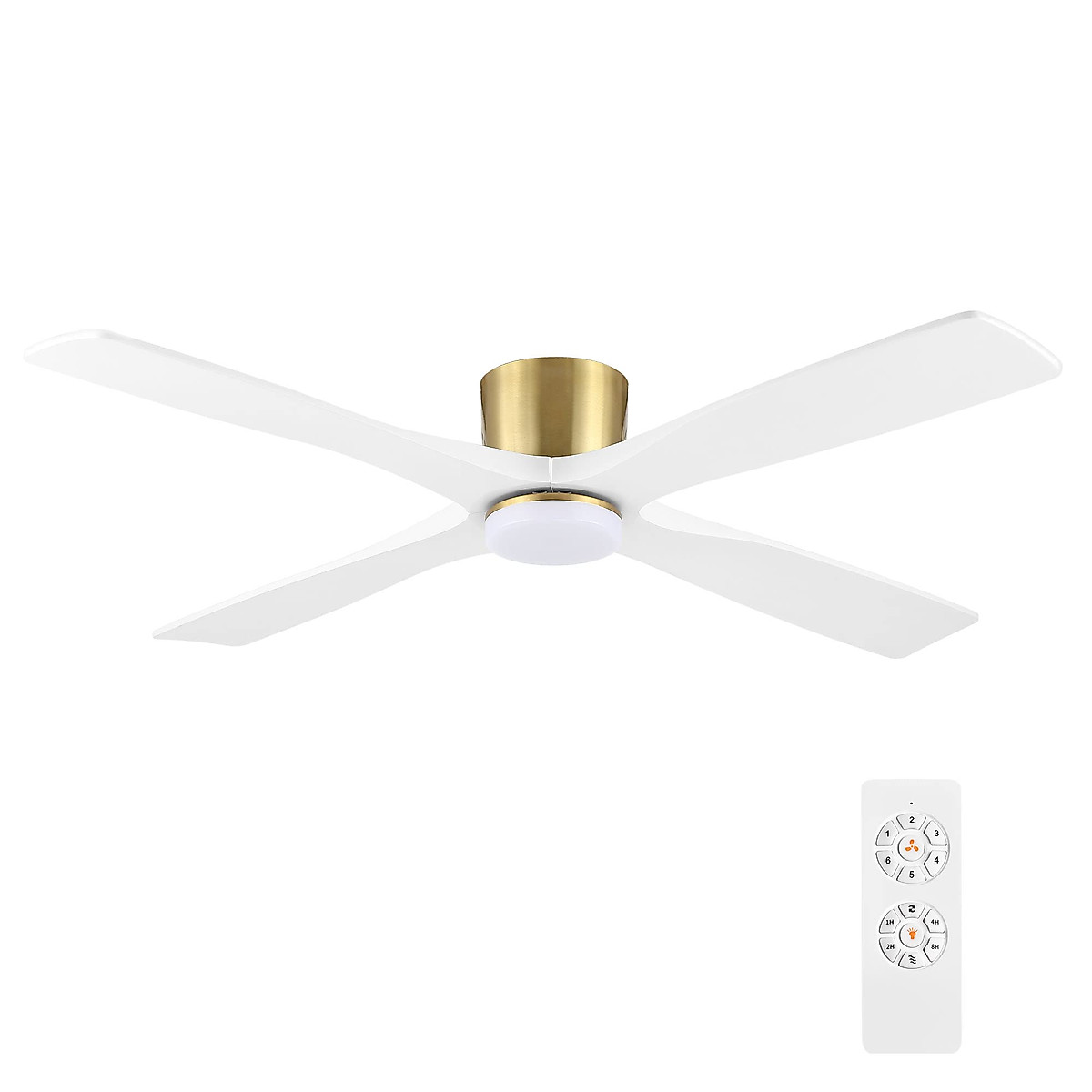 WINGBO 60 Inch Flush Mount DC Ceiling Fan with Lights and Remote, 4 Reversible Carved Wood Blades, 6-Speed Noiseless DC Motor, Hugger Ceiling Fan in Brass Finish with White Blades, ETL Listed