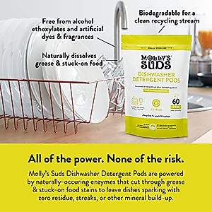 Molly's Suds Dishwasher Pods | Natural Dishwasher Detergent, Cuts Grease & Rinses Clean (Residue-Free) for Sparkling Dishes, Biodegradable Auto-Release Tabs (Citrus - 60 Count)