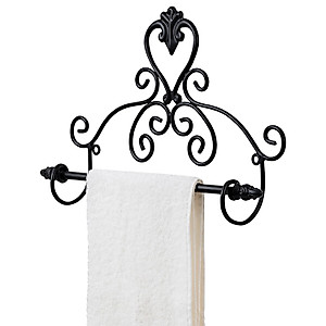 MyGift 12 Inch Wall Mounted Matte Black Metal Towel Holder Bar with Vintage Baroque Scrollwork Design, Decorative Rail for Hanging Bathroom Hand Towels or Entryway Scarves