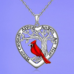 Red Cardinal Necklace for Women Sterling Silver Heart Tree of Life When Cardinal Appear Angels Are Near Necklace Pendant Memorial Bird Jewelry Gifts