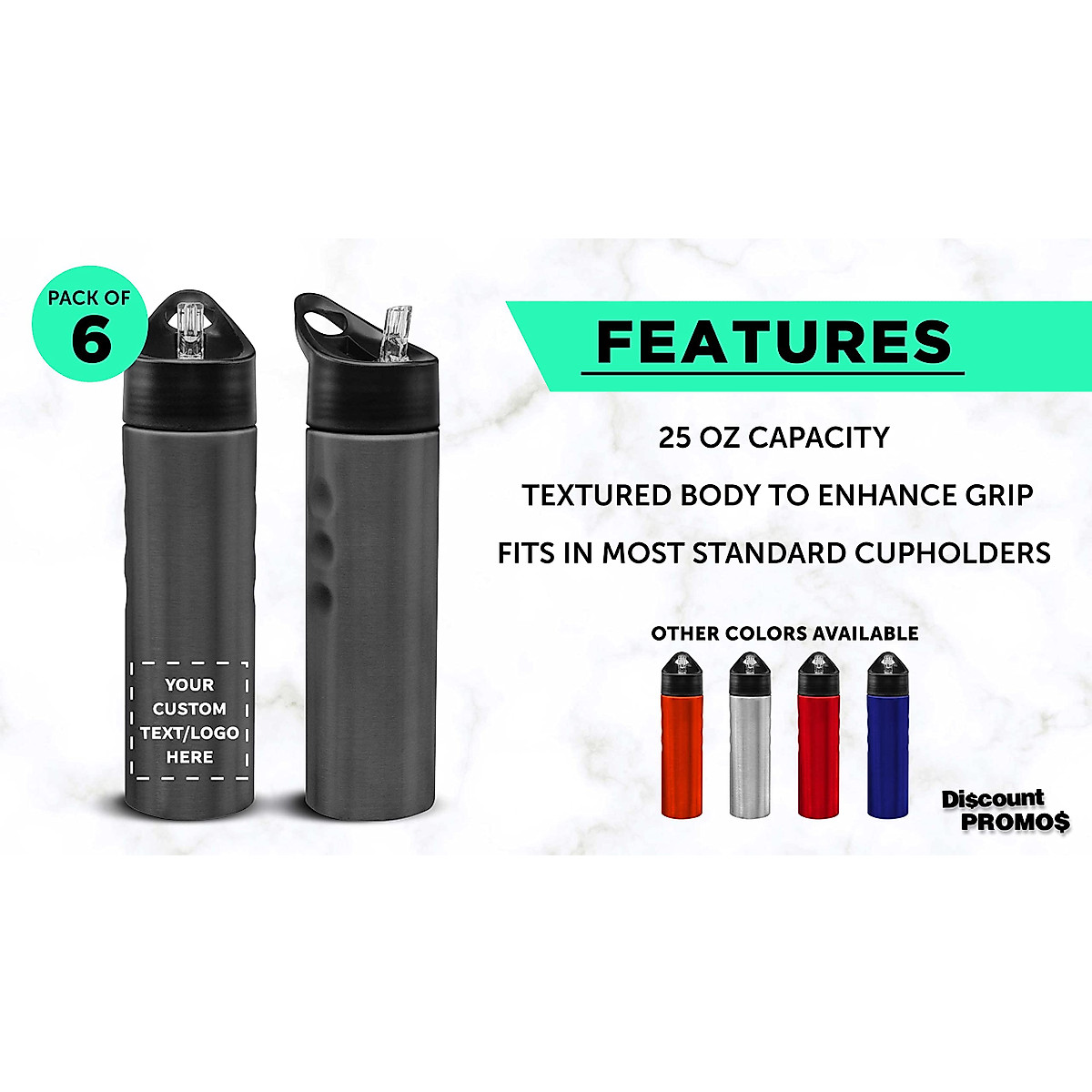 DISCOUNT PROMOS Custom Slim Stainless Steel Water Bottles 25 oz, 6 pack, Personalized Text, Logo, Reusable Gym Sports Bulk Pack, Charcoal