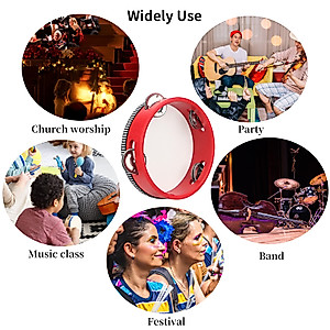 Dreokee 6 Inch Tambourine Red Wooden Handheld Tamborine with 4 Pair Metal Jingle Bells Percussion Instrument Musical Instrument Tambourines for Adults Party Education Church