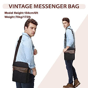 VASCHY Small Messenger Bag, Vintage Leather Canvas Crossbody Shoulder Side Bag for Men Women for Work/Travel Black