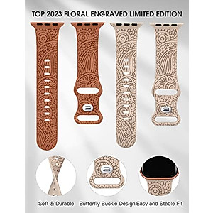 TOYOUTHS 2 Packs Boho Engraved Bands Compatible with Apple Watch Bands 41mm 40mm 38mm Women Men Girl, Bohemian Designer Sport Soft Silicone Fancy Dressy Straps for iWatch Series 9/SE/8/7/6/5/4/3/2/1