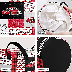Personalized Laundry Basket Hamper,Red Race Car Quilt,Collapsible Storage Baskets with Handles for Kids Room,Clothes, Nursery Decor