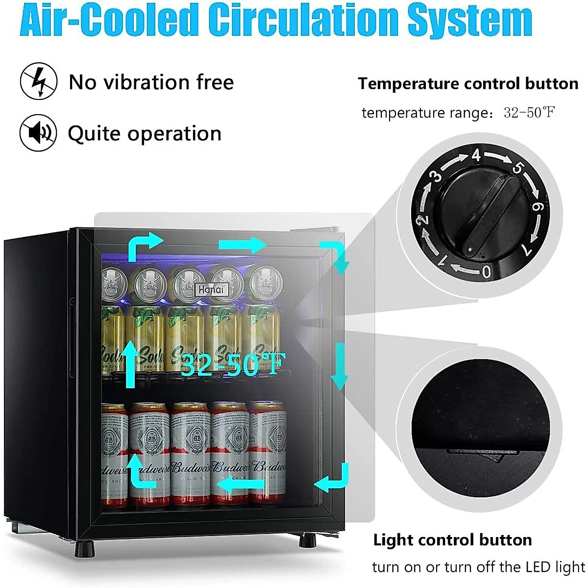 Mini Fridge Glass Door 60 Cans Beverage Cooler Refrigerator Mini Beer Fridge 1.6 cu.ft Organizer for Drinks Soda Wine Small Refrigerator with Blue LED for Home Office Dorm