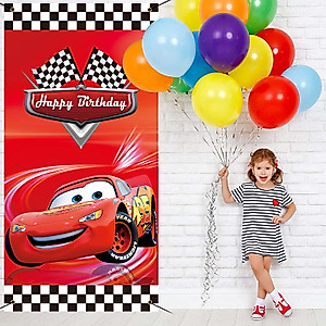 Generic 36x72inch Racing Car Cartoon Birthday Banner Cars Story Race Party Door Cover Black White Grid Flag Children Boys Happy Birthday Decoration Supplies, red