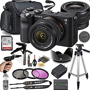 Sony a7C Mirrorless Camera FE 28-60mm f/4-5.6 Lens (Black) Bundle with Accessories (64Gb High Speed Memory Card, 50" Tripod, Gadget Bag, Cleaning kit)