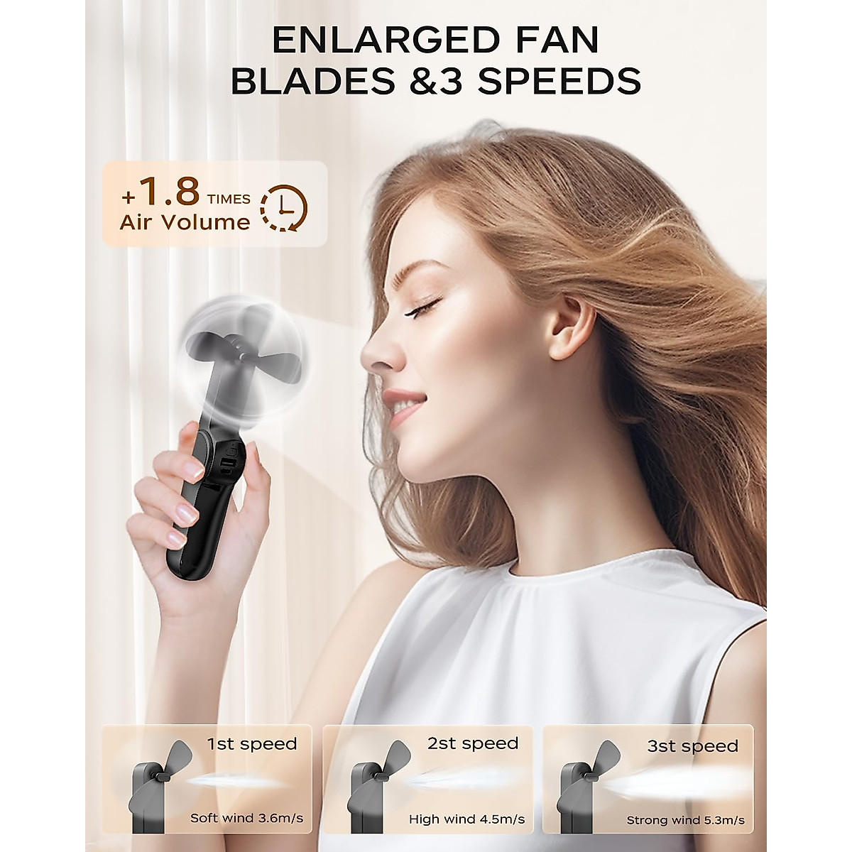 FrSara Portable Handheld Fan Rechargeable, USB Rechargeable Small Pocket Fan, 2000mAh Battery With Power Bank, Upgraded Long Battery Life, Three-Speed, Suitable for Women Outdoors and Travel