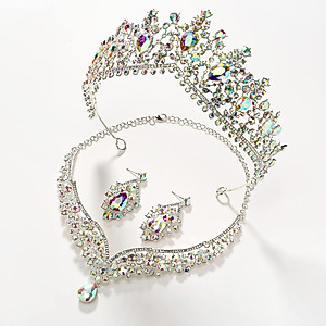 SWEETV Wedding Crown for Bride, 3-pack Tiara Earrings Necklace, Bridal Jewelry Set, Iridescent Crystal Costume Party Birthday Prom Pageant Jewelry for Women,Multicolored