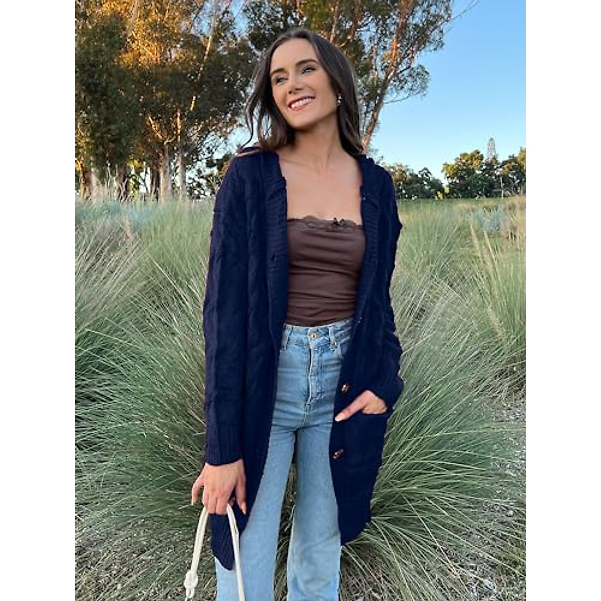 MASCOMODA Long Cable Knit Cardigans for Women 2024 Trendy Oversized Boyfriend Button Front Winter Sweater Coats with Pockets(Navy,Small)