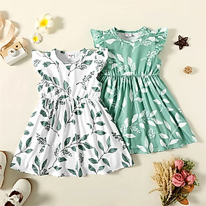 PATPAT Toddler Girl Dress Little Girls Ruffle Sleeve Casual Sundress Leaf Print A-Line Dress White 18-24 Months