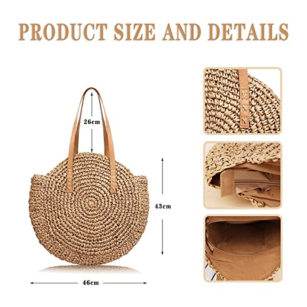 COOKOOKY Straw Beach Bag Summer Handmade Woven Shoulder Tote Bags Purse for Women (Round Khaki Bag and Rattan Earrings)