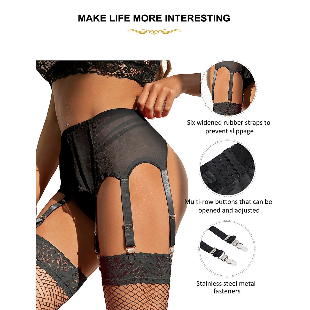 ohyeah Garter Belt and Thigh Highs Set Black Lace Garter Belt with 6 Straps Metal Clip for Thigh Highs Stockings Black Garter Belts for Women Lingerie M-L