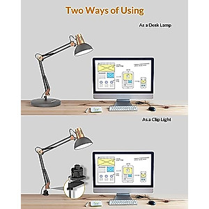 LEPOWER Metal Desk Lamp, Adjustable Goose Neck Architect Table Lamp with On/Off Switch, Swing Arm Desk Lamp with Clamp, Eye-Caring Reading Lamp for Bedroom, Study Room &Office (Sandy Black)