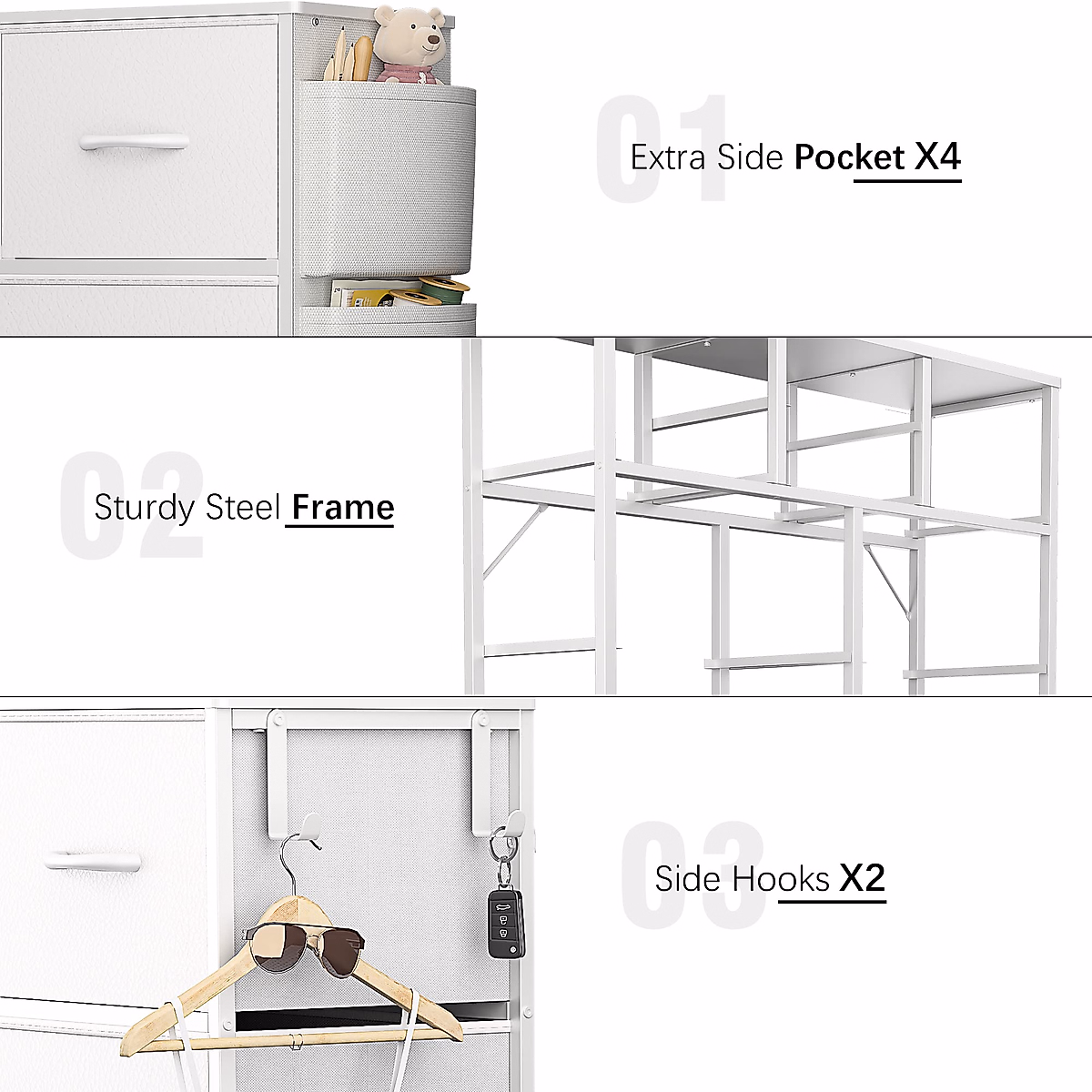 White Dresser for Bedroom, Bedroom Dressers & Chests of Drawer, White Closet Fabric Dressers, 10 Drawers Dresser w/Side Pockets, Hooks, Dresser Storage Organizer for Hallway, Entryway, Kids Room