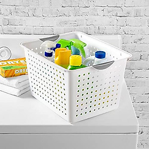 Sterilite Large 16 x 13 x 10 Inch, Plastic Deep Ultra Storage Basket Tote with Contoured Handles for Home and Office Organization, White (12 Pack)