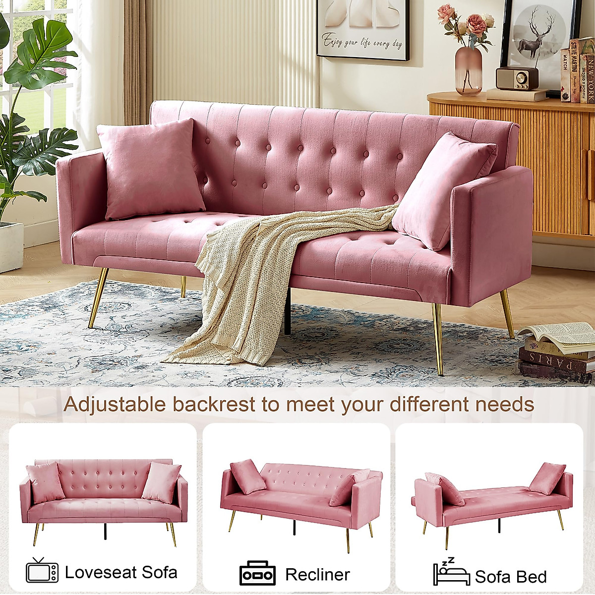 Anwick 72" Modern Velvet Sofa Bed Futon,Convertible Folding Sleeper Bed Couches with 3 Adjustable Backrests,Tufted Recliner Loveseat with Golden Chrome Legs for Small Living Room Office (Pink)