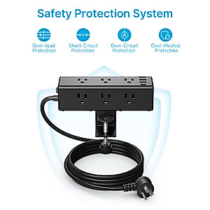 CCCEI Desk Clamp Power Strip with 9 Outlets, Desktop Edge Mount Surge Protector with USB-A and USB-C Ports, Widely Spaced Desk Outlet Fast Charging Station, 6 FT Flat Plug, Fit 1.6 inch Table.