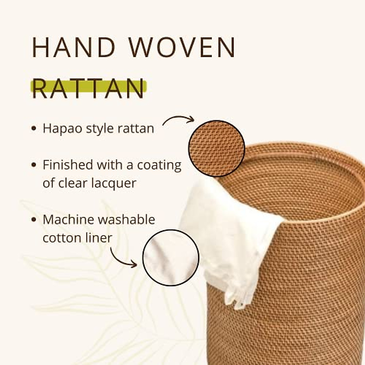 KOUBOO 1030001 Rattan Hamper with Cotton Liner, 18" x 18" x 22", Honey Brown