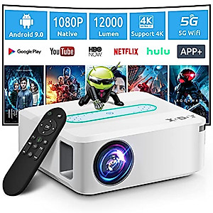 XGODY Portable Smart Projector X1 Native 1080p Android TV 9.0 Bluetooth 5G WiFi 12000 Lumen Portable Projector, Support 200'' 8K Vedio Outdoor Projector with 4P Keystone Preinstall YouTube Netflix