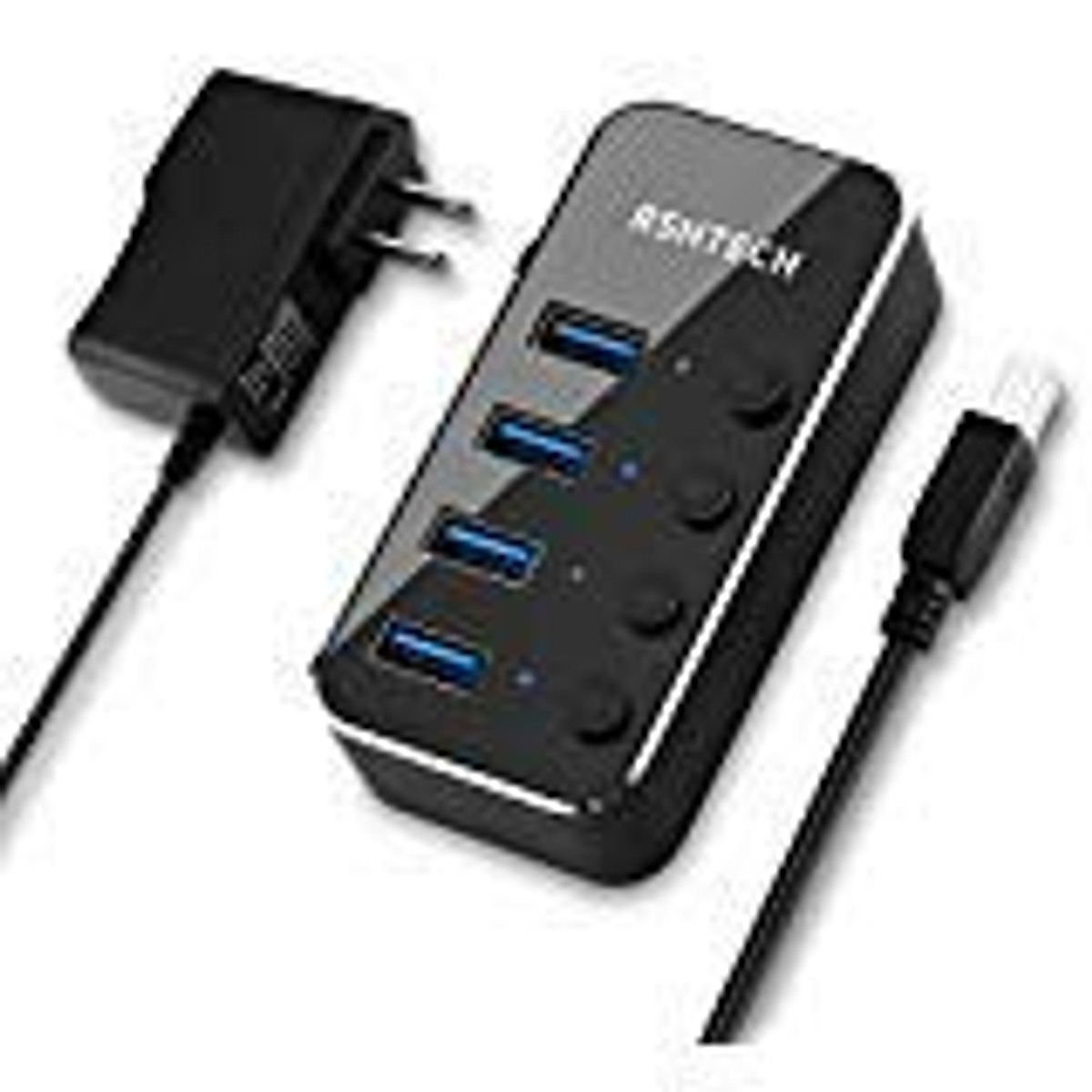 Powered USB Hub, RSHTECH 4 Port USB 3.0 Hub Splitter Portable Aluminum USB Data Hub Expander with Individual On/Off Switch and Universal 5V AC Adapter, 3.3ft USB 3.0 Cable (RSH-516)