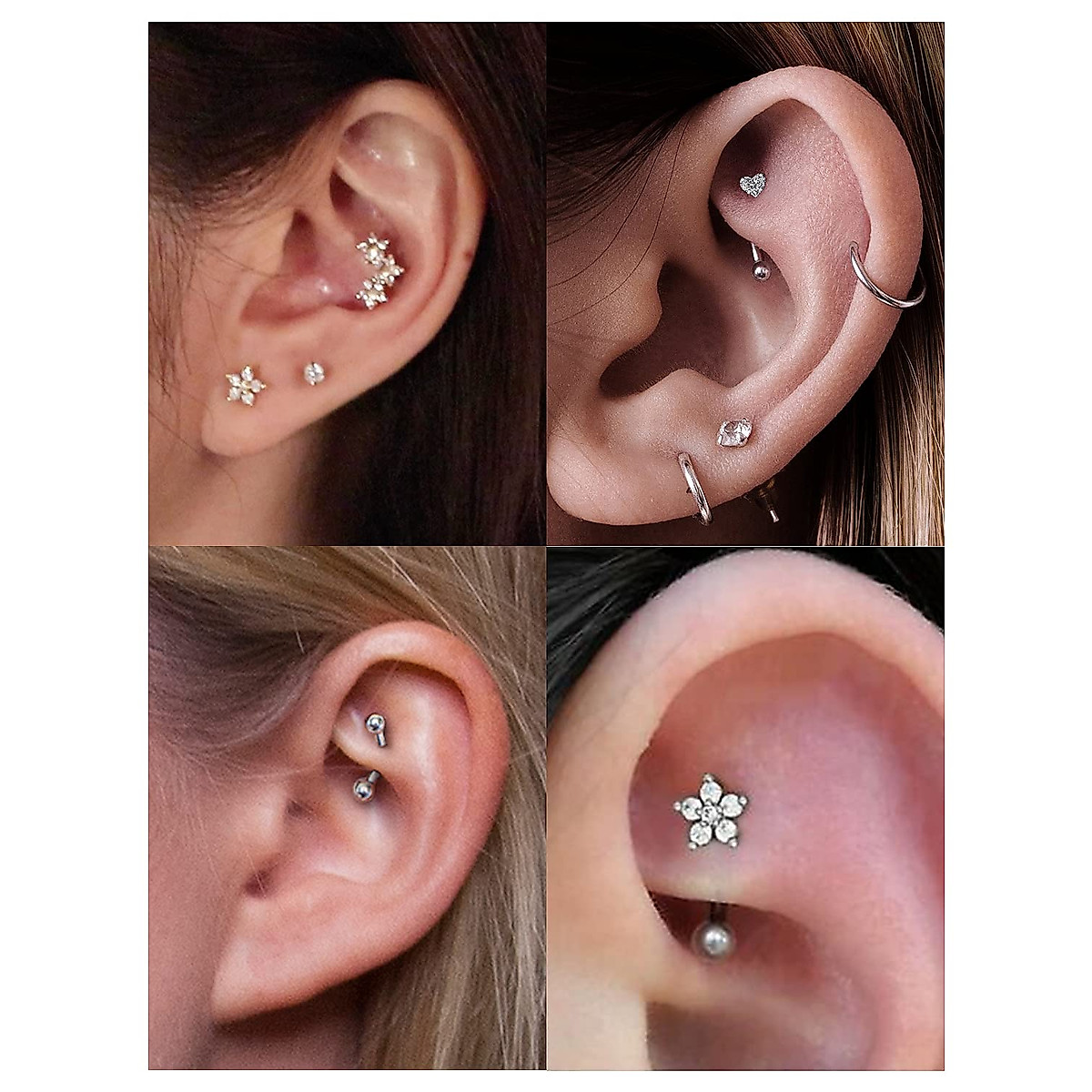 Vsnnsns 16G Rook Daith Piercing Jewelry Stainless Steel 8mm Curved Barbell Eyebrow Rings Cartilage Helix Tragus Belly Lip Rings CZ Piercing Jewelry Daith Rook Earrings for Women Men 12pcs Silve