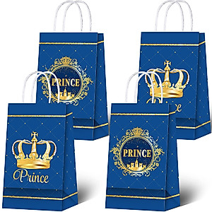 16 Pack Prince Party Gift Bags Prince Theme Birthday Party Treat Bags Blue Candy Goodie Bags Kraft Wrap Bags with Handles for Boys Kids Birthday Baby Shower Party Favors Supplies