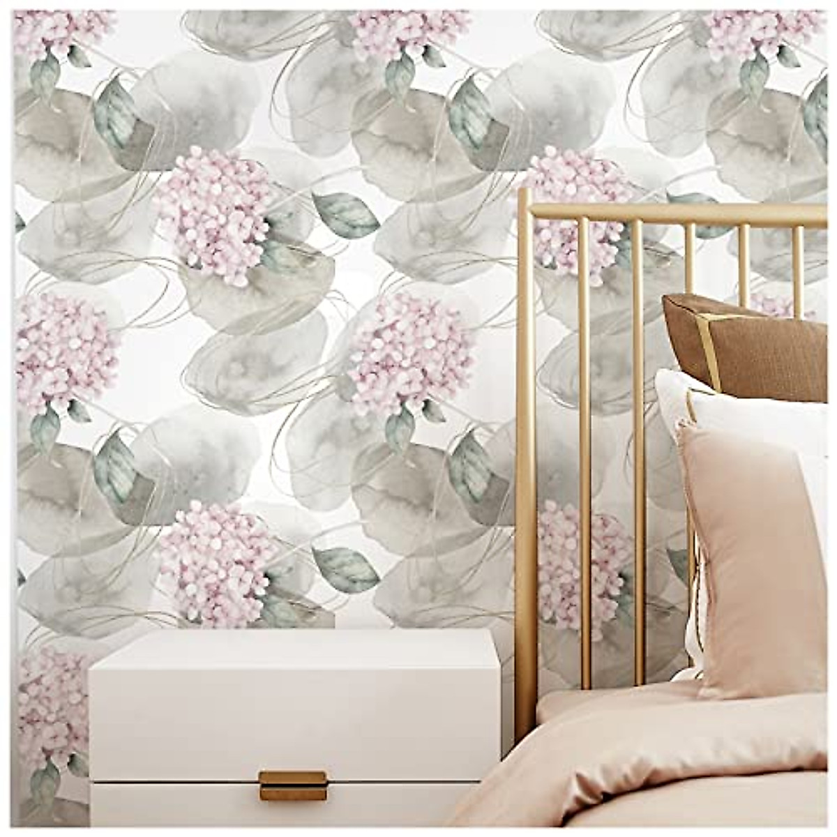 HAOKHOME 93164 Abstract Nordic Peel and Stick Wallpaper Geometric Hydrangea Floral White/Grey/Pink Stick on Home Decor 17.7in x 118in