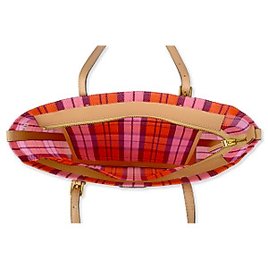 Tory Burch Womens 146732 Emerson Gold-Tone Hardware Mesh Woven E/W Market Tote Bag, (650 Pink/Red Plaid)