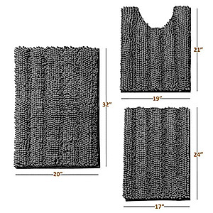 Clara Clark Chenille Bathroom Rugs, Ultra Soft Plush Shaggy Bath Mats for Bathroom, Machine Washable Non Slip Backing Rubber Bath Rug Set, 3 Piece Bathroom Rug Set, Gray