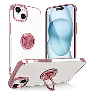 Tnarru for iPhone 15 Case Clear with Stand [360° Rotatable Magnetic Ring Holder Kickstand] Soft TPU Bumper Glitter Electroplated Shockproof Thin Slim Phone Case for iPhone 15, Pink