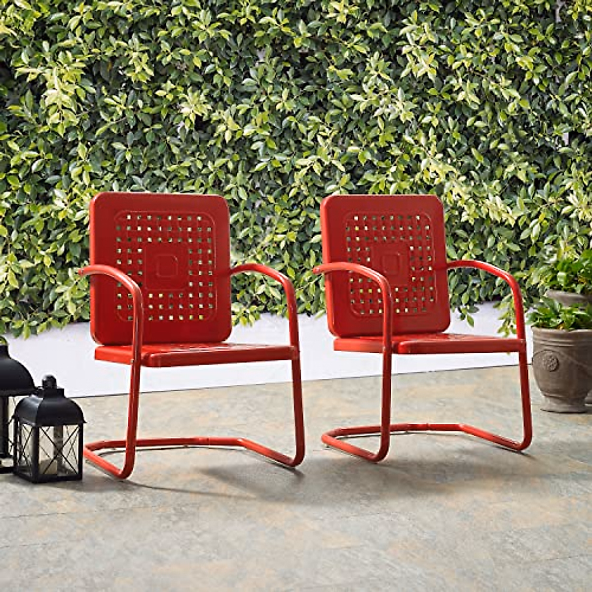 Crosley Furniture Bates 2-Piece Outdoor Chair Set, Retro Metal Patio Chairs for Dining, Porch, Deck, Balcony, Bright Red Gloss