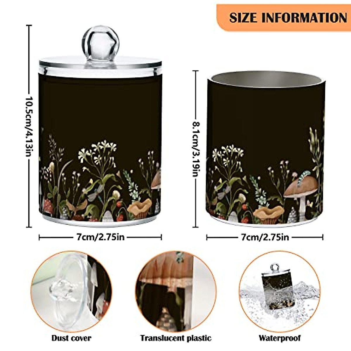 Mushrooms Berries Clear Plastic Storage Jars with Lids, Bathroom Vanity Storage Organizer Holder Canister for Cotton Swabs,Makeup Sponges, Flossers,Bath Salts,4 Pack