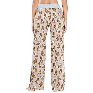 Women's Comfy Pajama Pants Cartoon Corgis Pattern Casual Drawstring Palazzo Lounge Wide Leg Pants, Medium