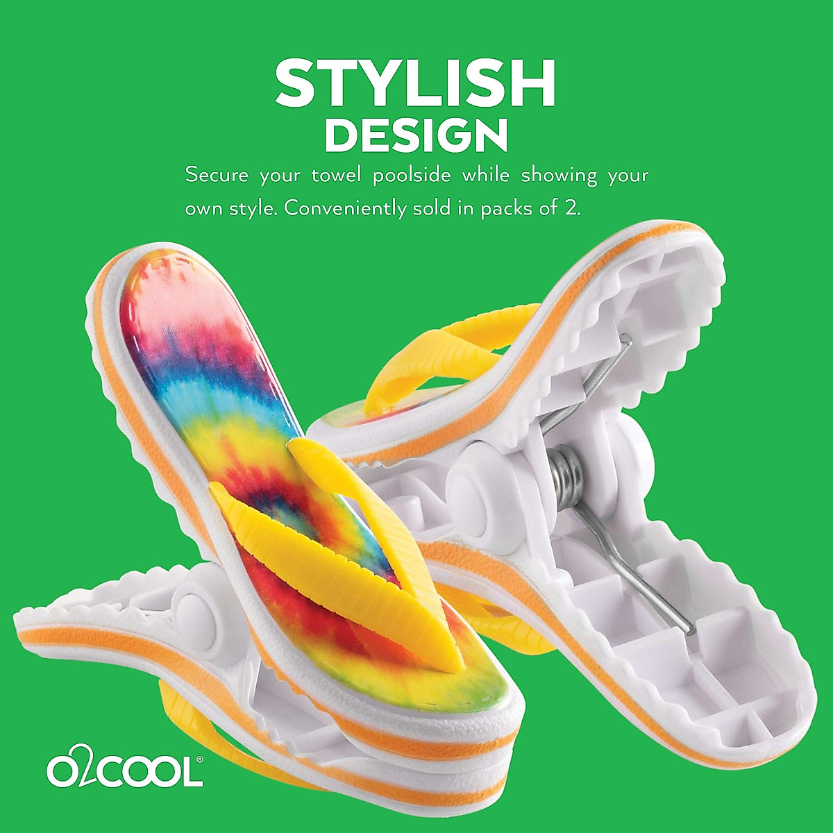 O2COOL Bocaclips - Beach Towel Clips for Beach Chairs, Patio and Pool Accessories - (Tie Dye Flip Flop) 2 Count