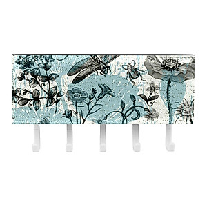 Dragonflies Flower Wall Mounted Coat Rack with 5 Decorative Hooks, Self Adhesive Hooks for Hanging 4.4lb(Max) Towel Key Hat Scissors