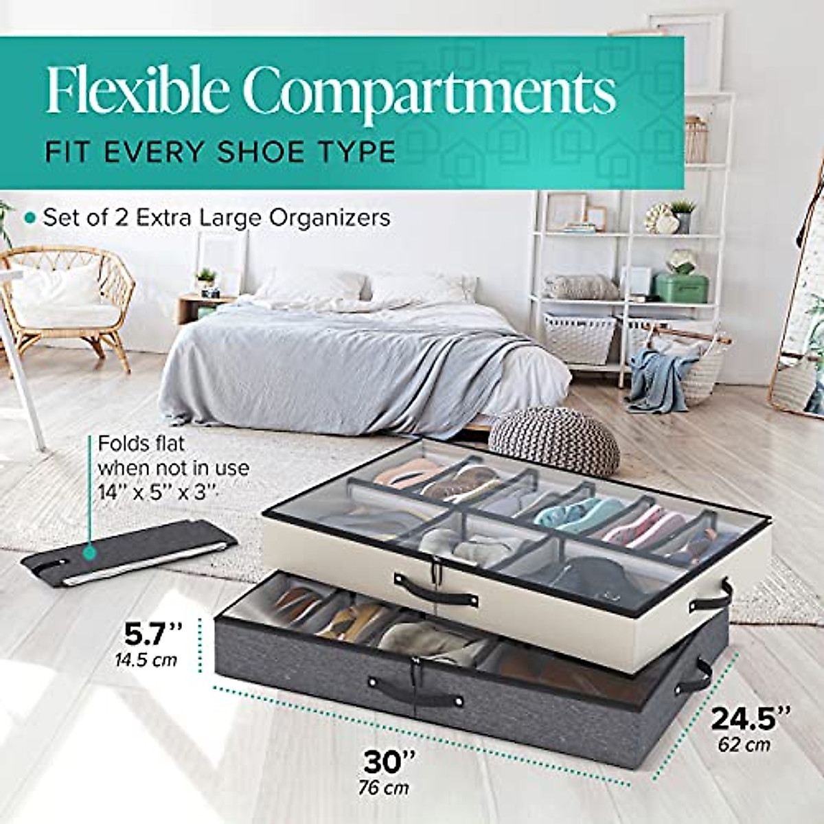 Woffit Under Bed Shoe Storage Organizer - Set of 2 Large Containers, Each Fits 12 Pairs of Shoes - Sturdy Box w/Adjustable Dividers - Underbed Shoe Storage for Kids & Adults, Beige