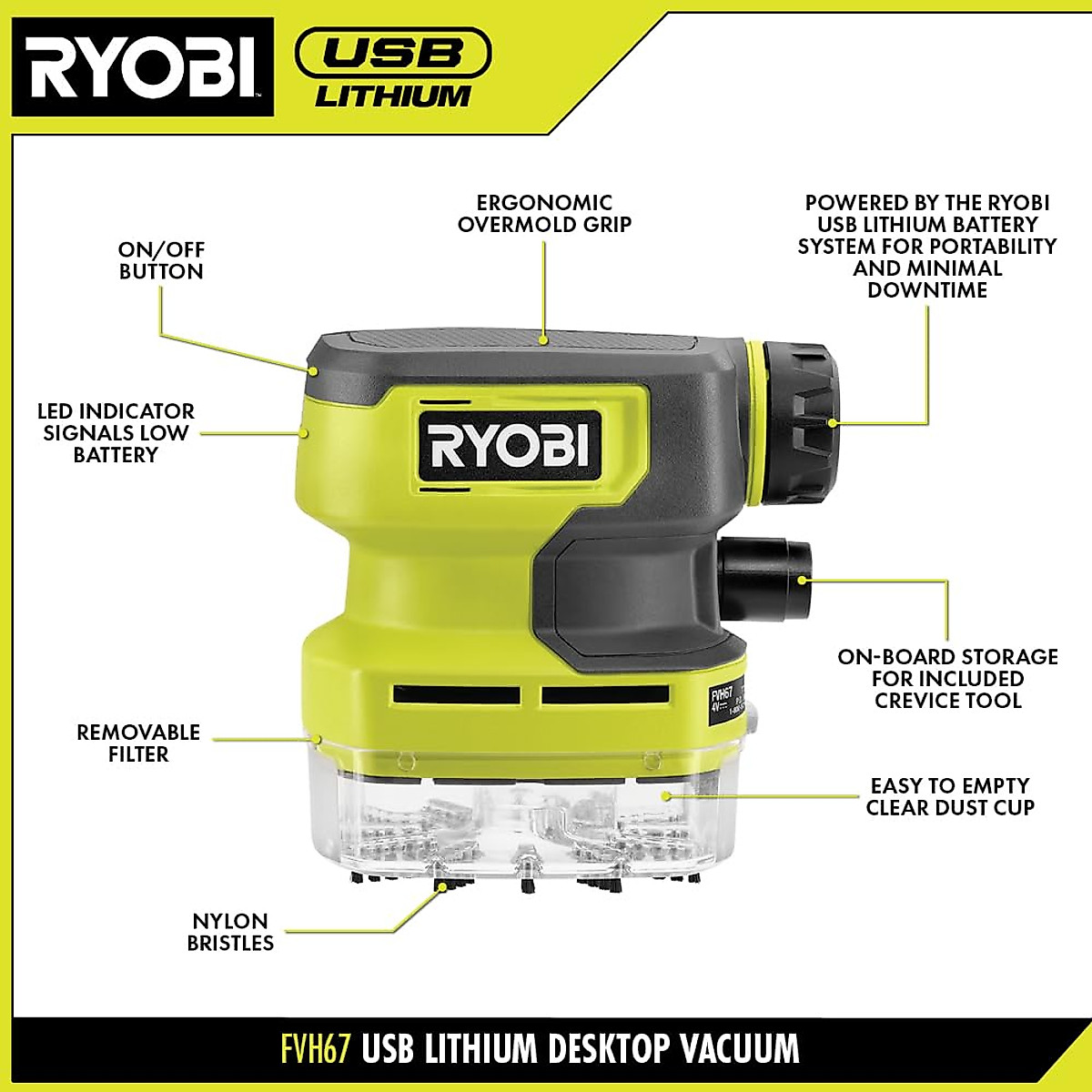 Ryobi USB Lithium Desktop Vacuum Kit with Battery and Charger, Green, FVH67K