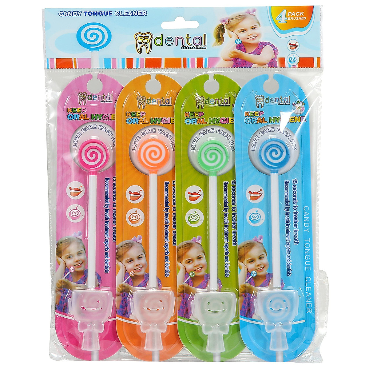 Kids Tongue Scraper or Cleaner Set – Pack of 4 BPA-Free Plastic Dental Scrapers Helps Freshen Bad Breath, Remove Gunk – Multicolored with Easy-to-Grasp Handles and Brush Covers by 55Dental, Ages 2+