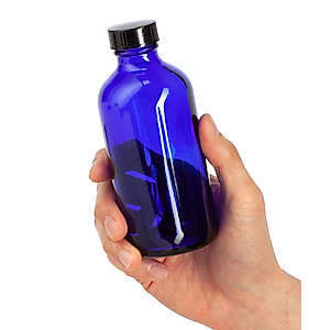 JUVITUS 8 oz Cobalt Blue Glass Boston Round Bottle with Black Phenolic Cone Lined Caps (4 Pack)