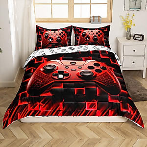 Geometric Gamepad Kids Duvet Cover Set Queen Size,Honeycomb Squares Grids Ombre Gamers Bedding Set,Boys Men Room Decor,Gaming Videogame Controller Comforter Cover,Red Quilt Cover,2 Pillowcases