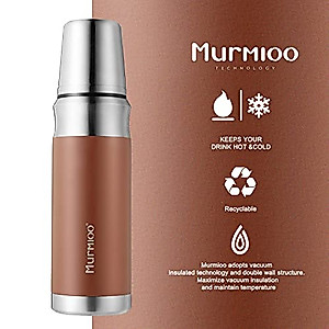 Murmioo travel vacuum flask，stainless steel insulated bottle, built-in cap cup, cold for 24 hours, heat for 12 hours, BPA Free leak proof, sweat free 17oz/500ml Brown