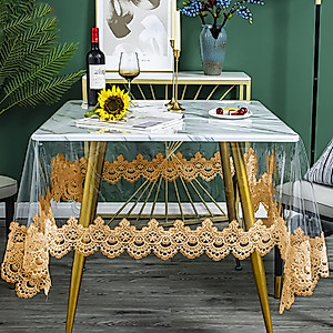 Jeloris Plastic Clear Rectangle Tablecloth Vinyl PVC Waterproof Tablecloth Embroidered Lace Edge Transparent Table Cover for Kitchen Dining Coffee Table (43x62 inch, Brown)