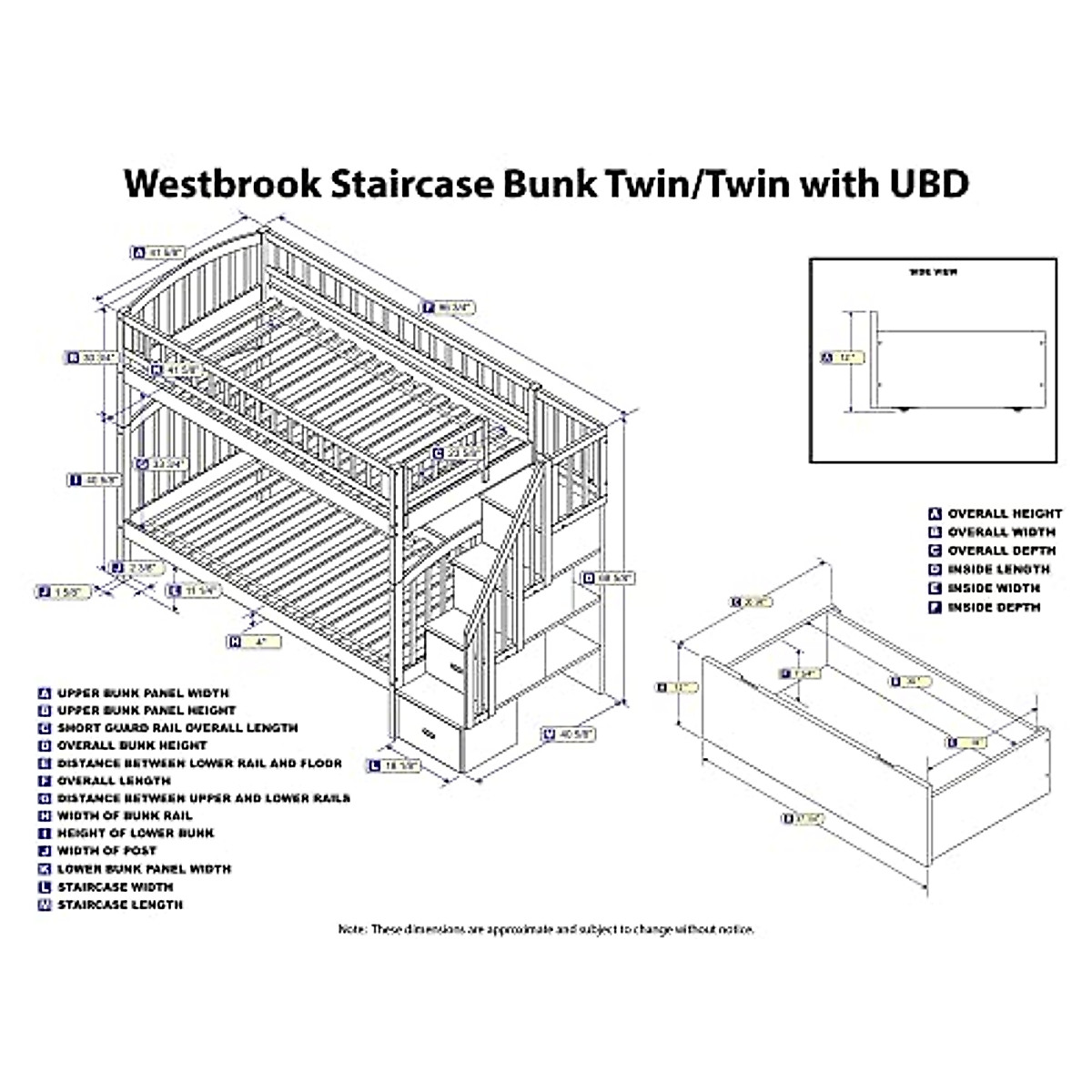 AFI Westbrook Staircase Bunk Twin Over Twin with Turbo Charger and Urban Bed Drawers in White