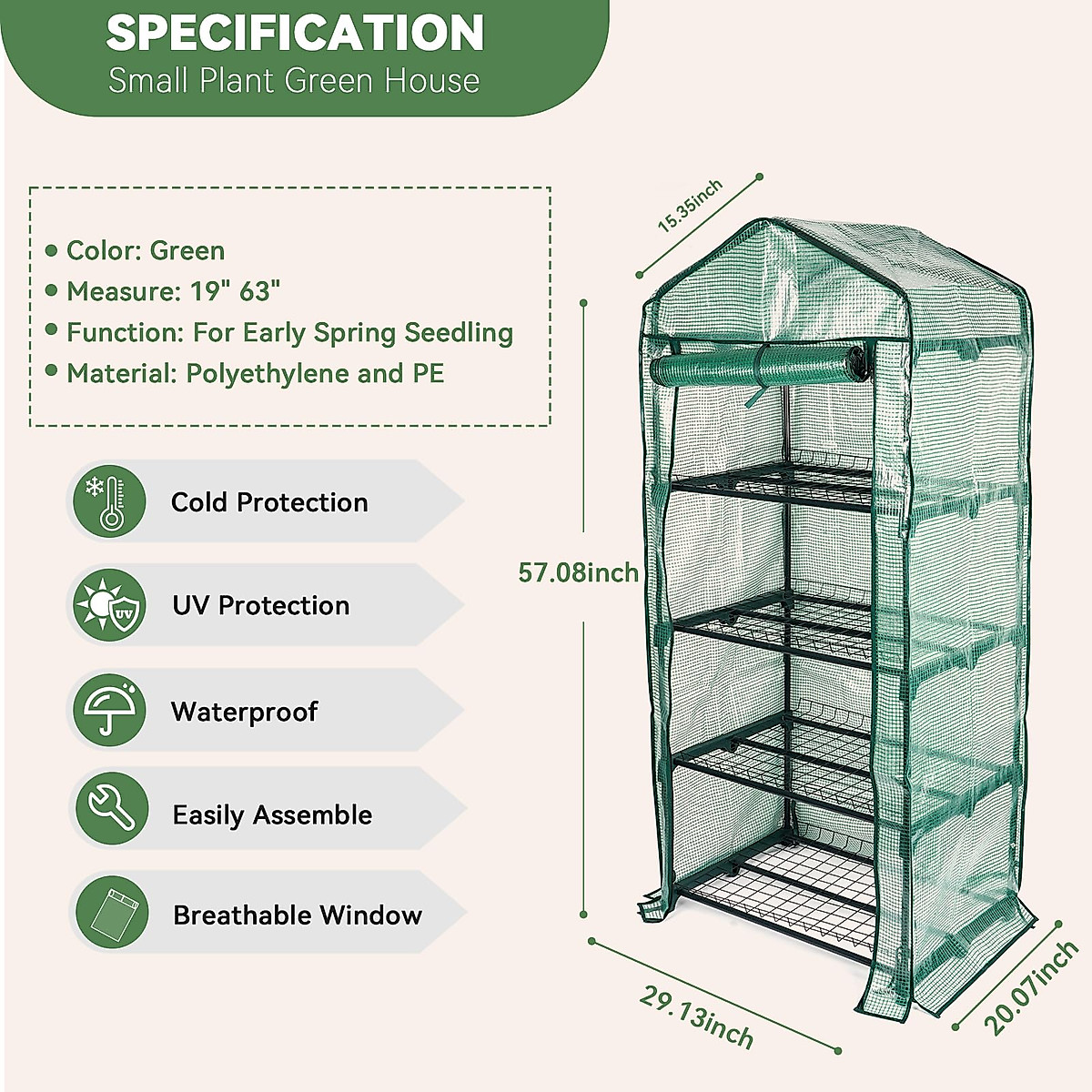 Dstone Mini Greenhouse 4-Tier Sturdy Shelves 29X20X57inch Grow Plants,Seeding,Flowers Indoor Outdoor,for All Seasons in Garden