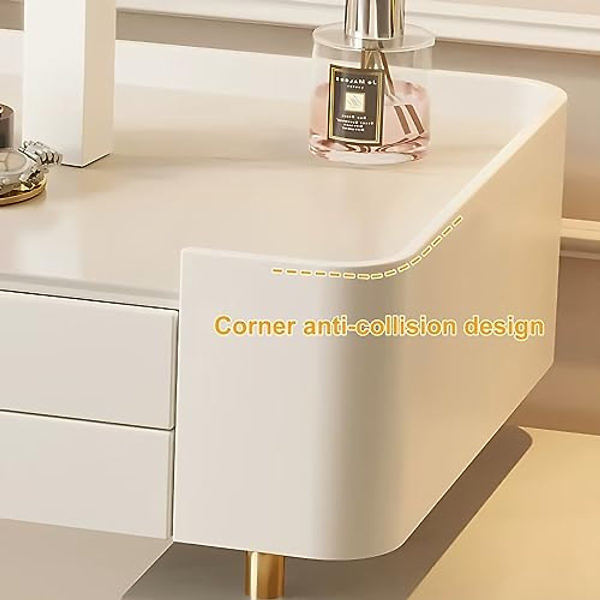 Attega Makeup Vanity Set, Vanity Table with Slate Tabletop, Dressing Table Set with Round Makeup Stool with Backrest for Bedroom